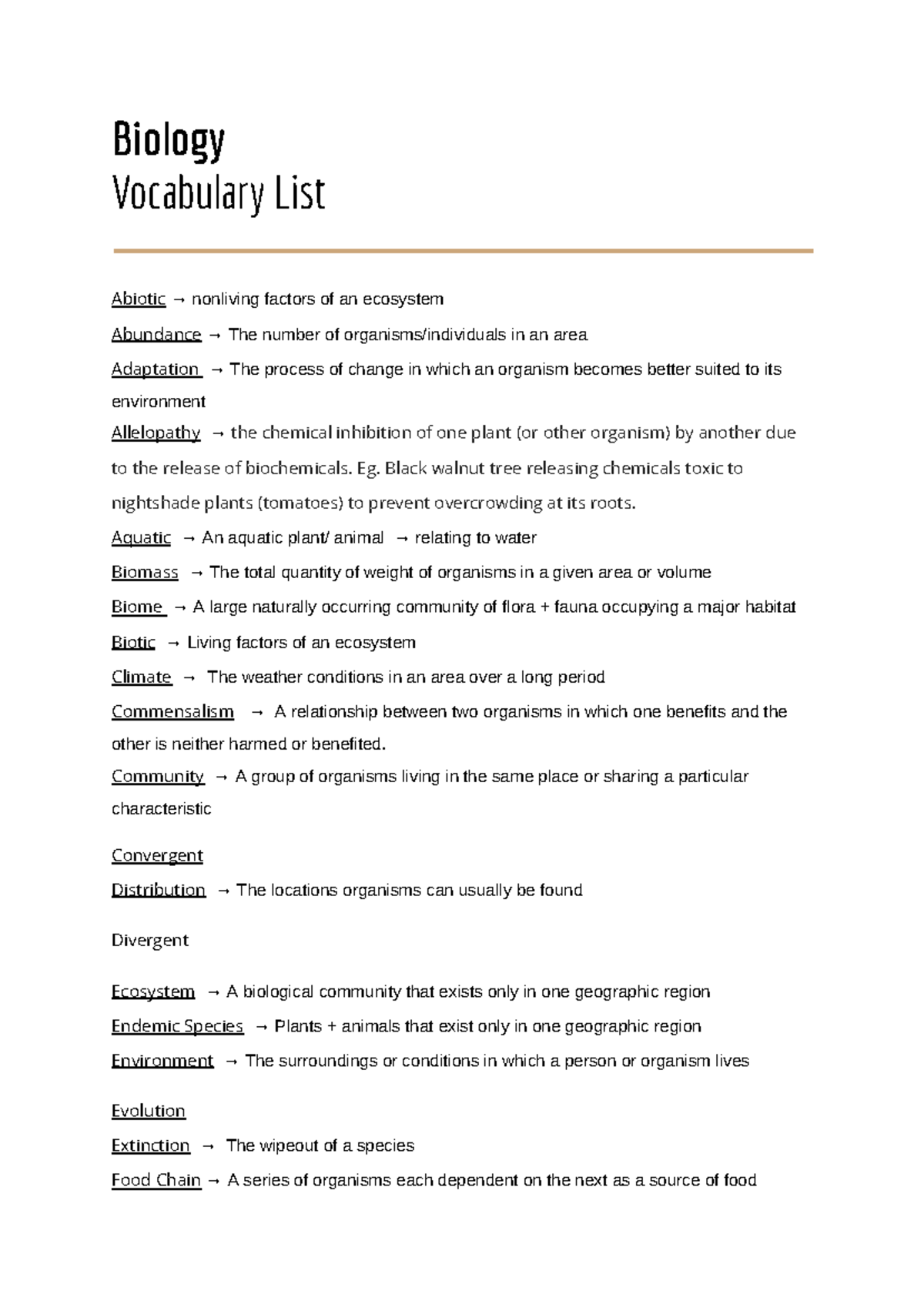 Biology Key terms - Biology Vocabulary List Abiotic → nonliving factors ...