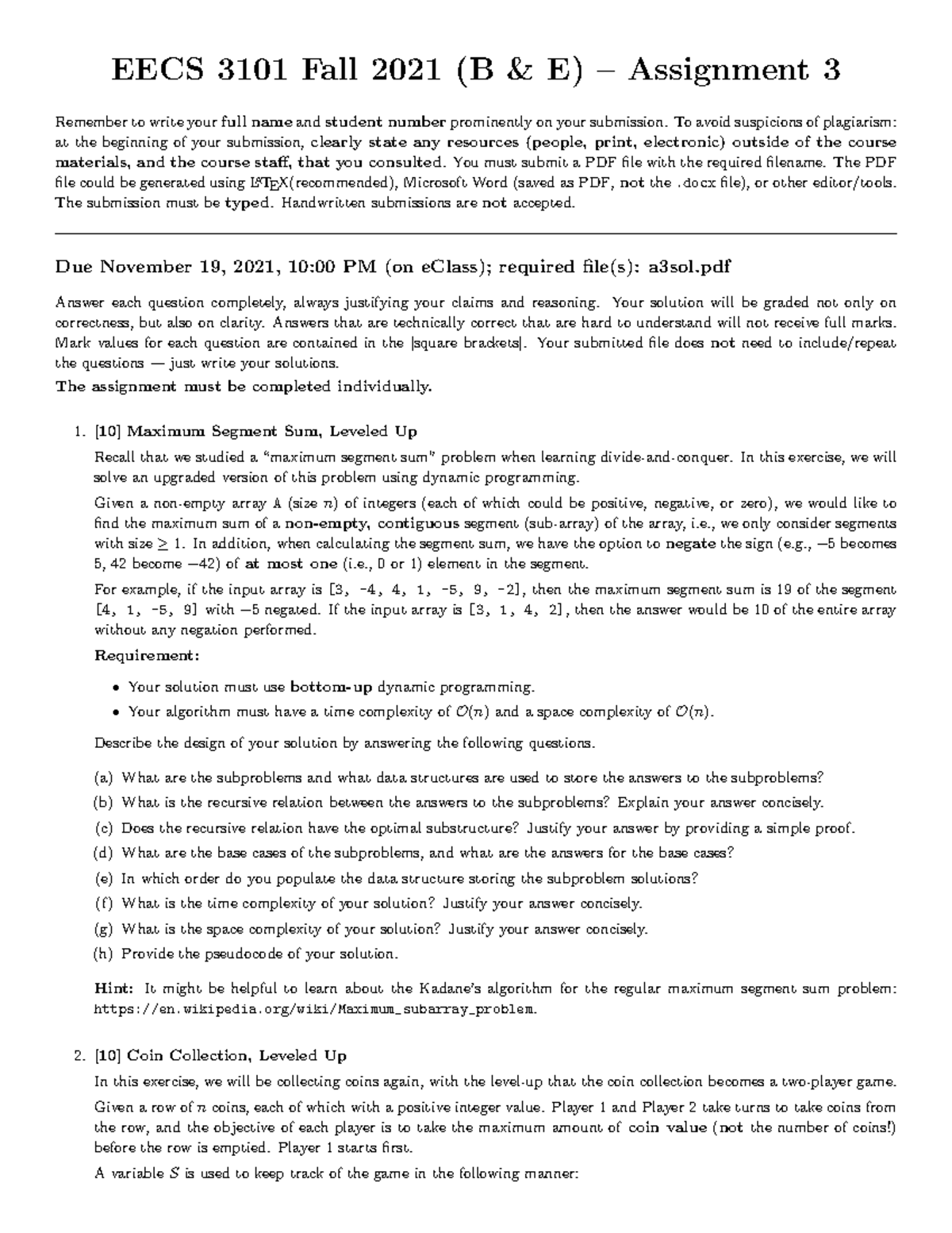 A3handout - assignment - EECS3101 - Yorku - Studocu
