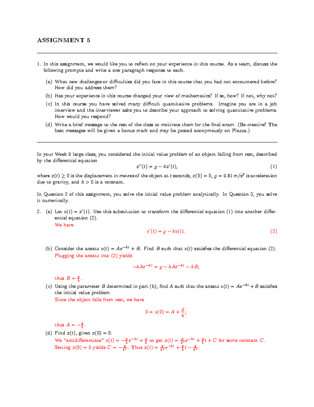 Assignment 5 sample solutions - ASSIGNMENT 5 In this assignment, we would like you to reflect on ...