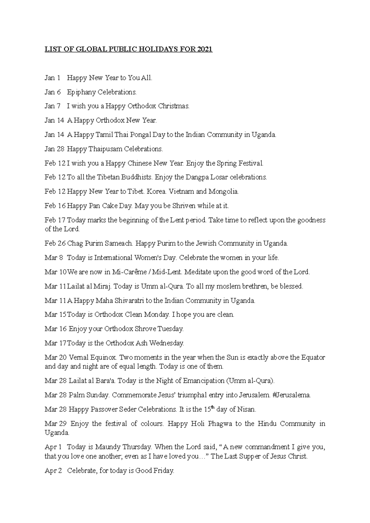 LIST OF Global Public Holidays FOR 2021 - LIST OF GLOBAL PUBLIC ...