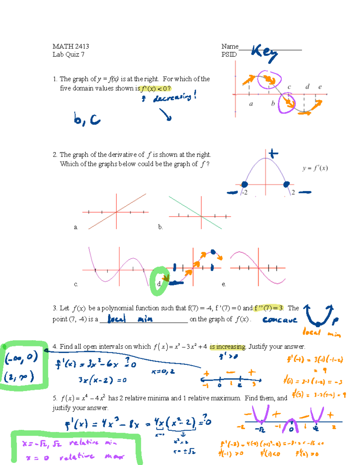 Lab Quiz 7A____ - MATH 2413 Name__________________ Lab Quiz 7 PSID ...
