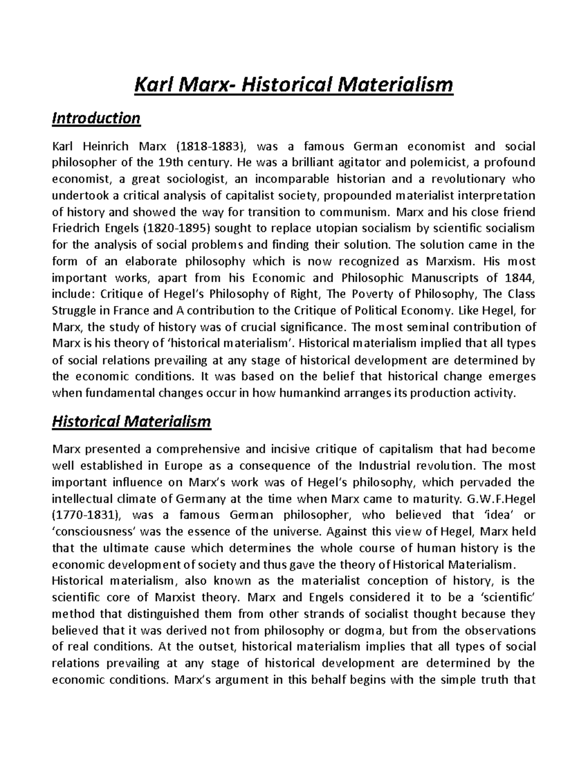 Karl Marx Historical Materialism - Karl Marx- Historical Materialism ...