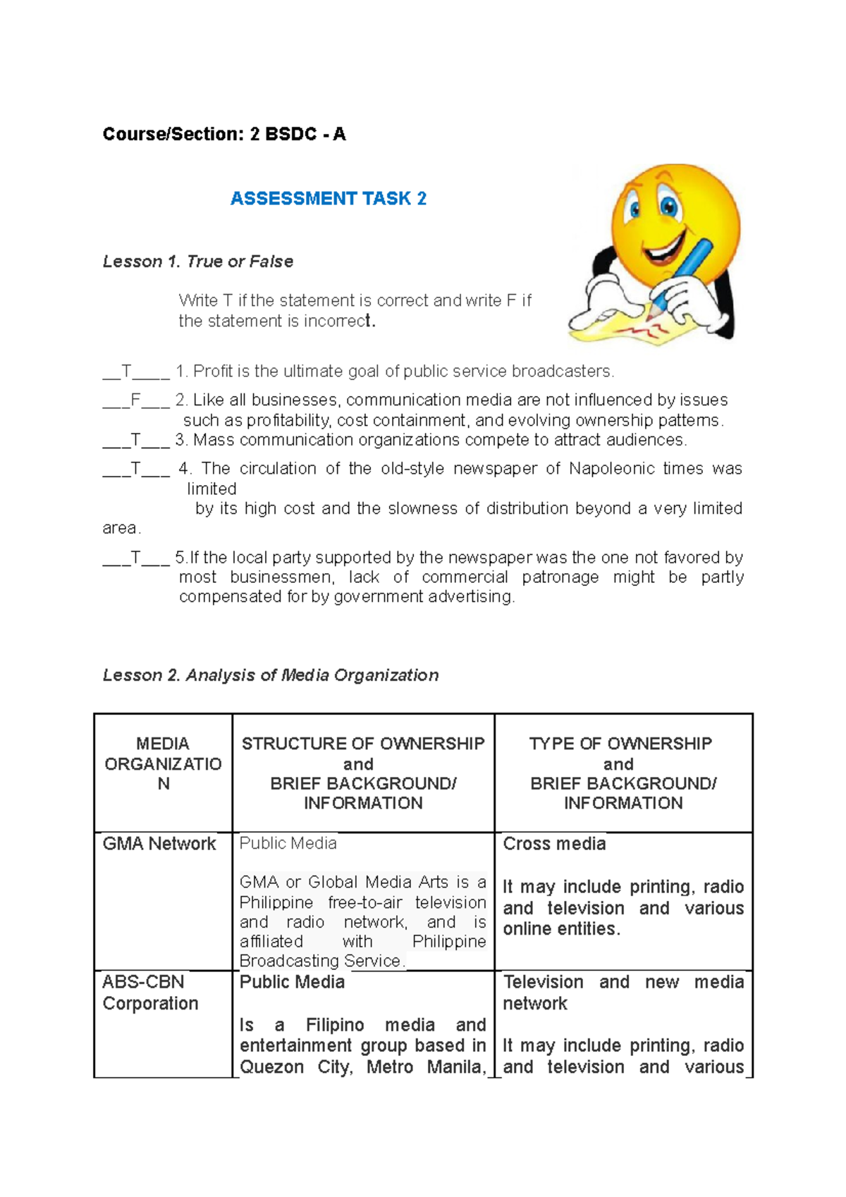 Assessment TASK - Course/Section: 2 BSDC - A ASSESSMENT TASK 2 Lesson 1 ...