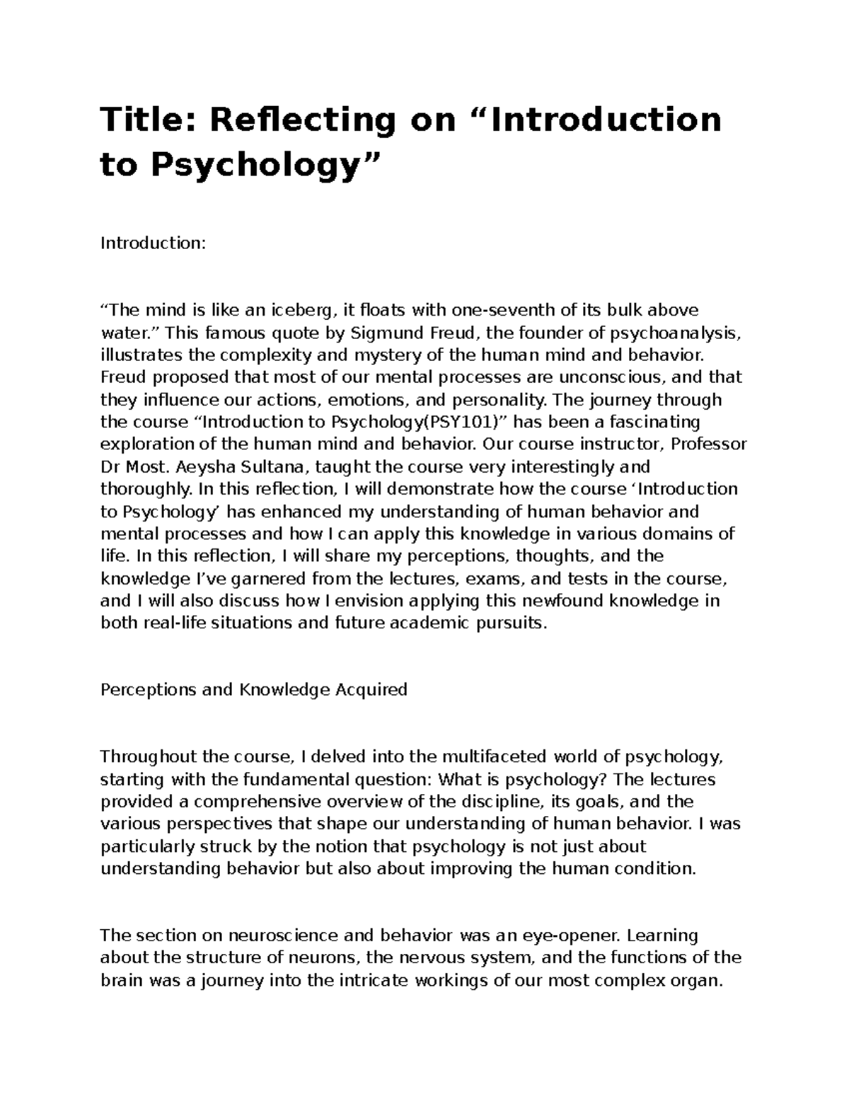 Reflection paper nsu psy101 mas1 - Title: Reflecting on “Introduction ...