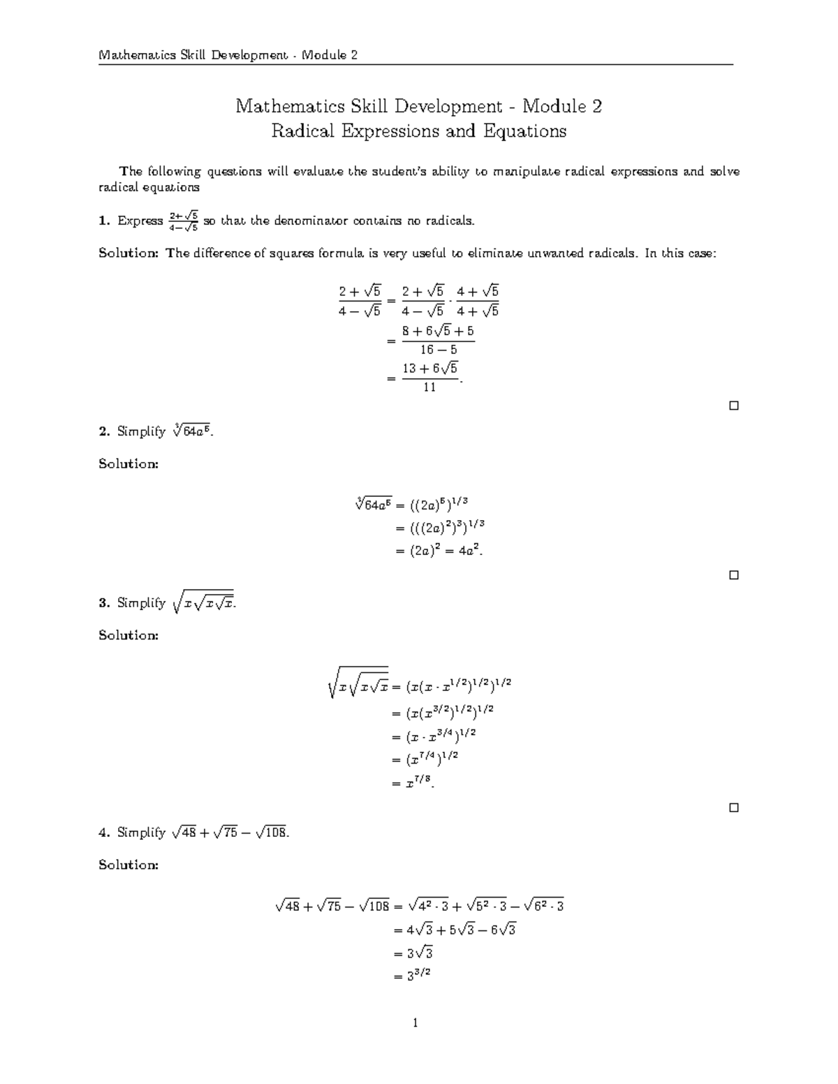 Mod2-question Solutions-Radical Expressionsand Equations - Mathematics ...