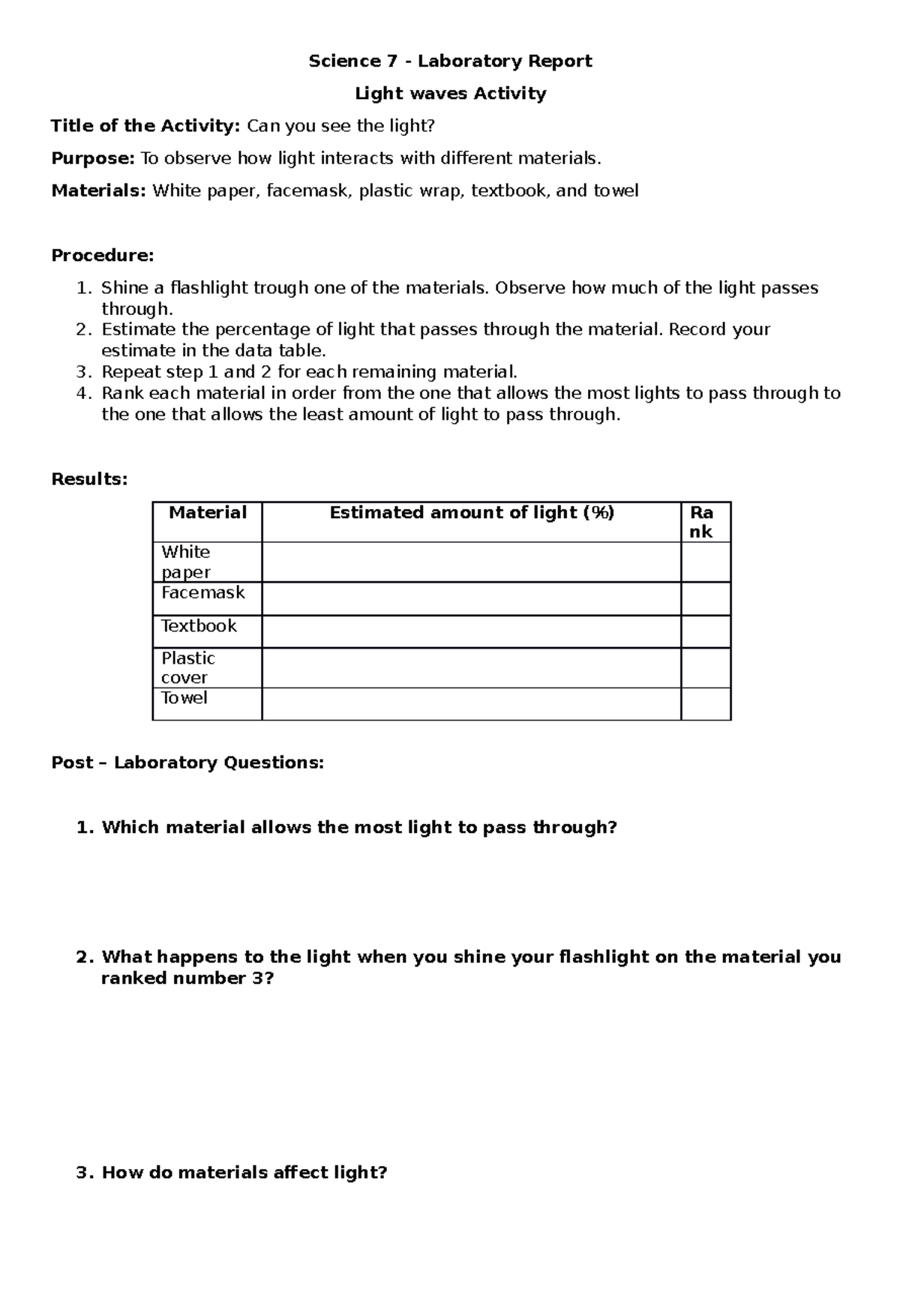 Light Waves Activity - Science 7 - Laboratory Report Light waves ...