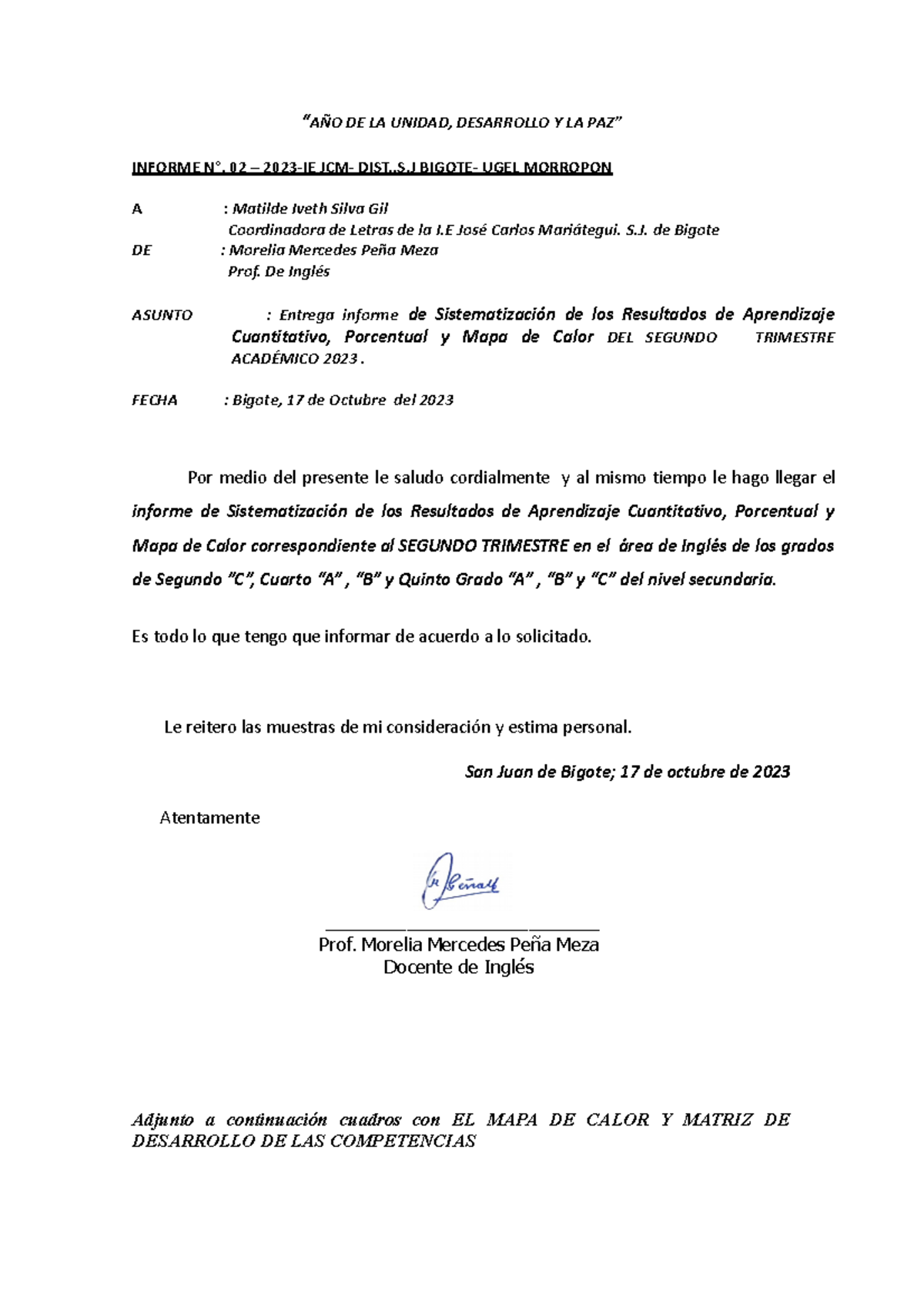 Informe Evaluacion II Trimestre JCM2023 - “AÑO DE LA UNIDAD, DESARROLLO ...