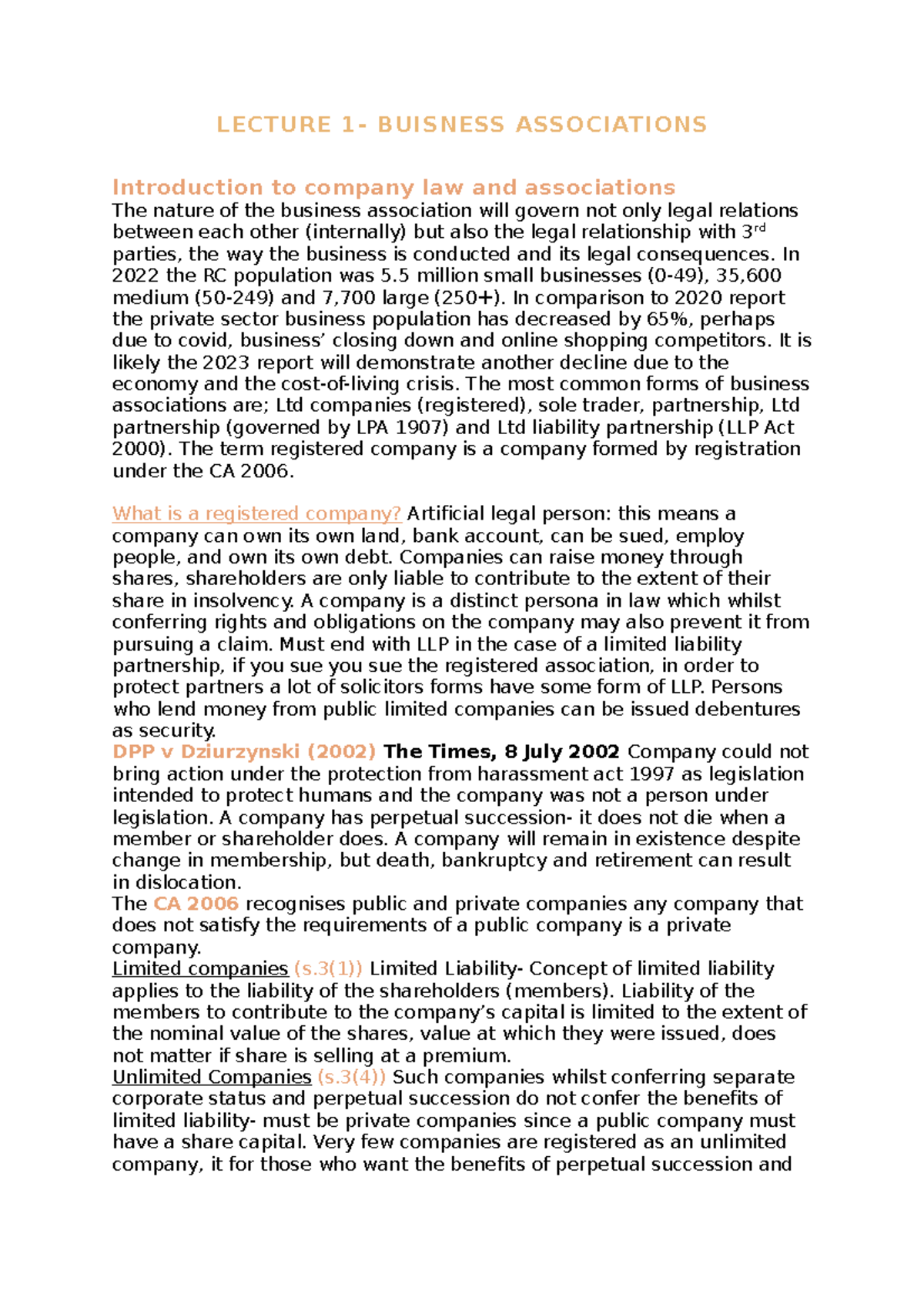 Buisness Associations - LECTURE 1- BUISNESS ASSOCIATIONS Introduction to company law and - Studocu