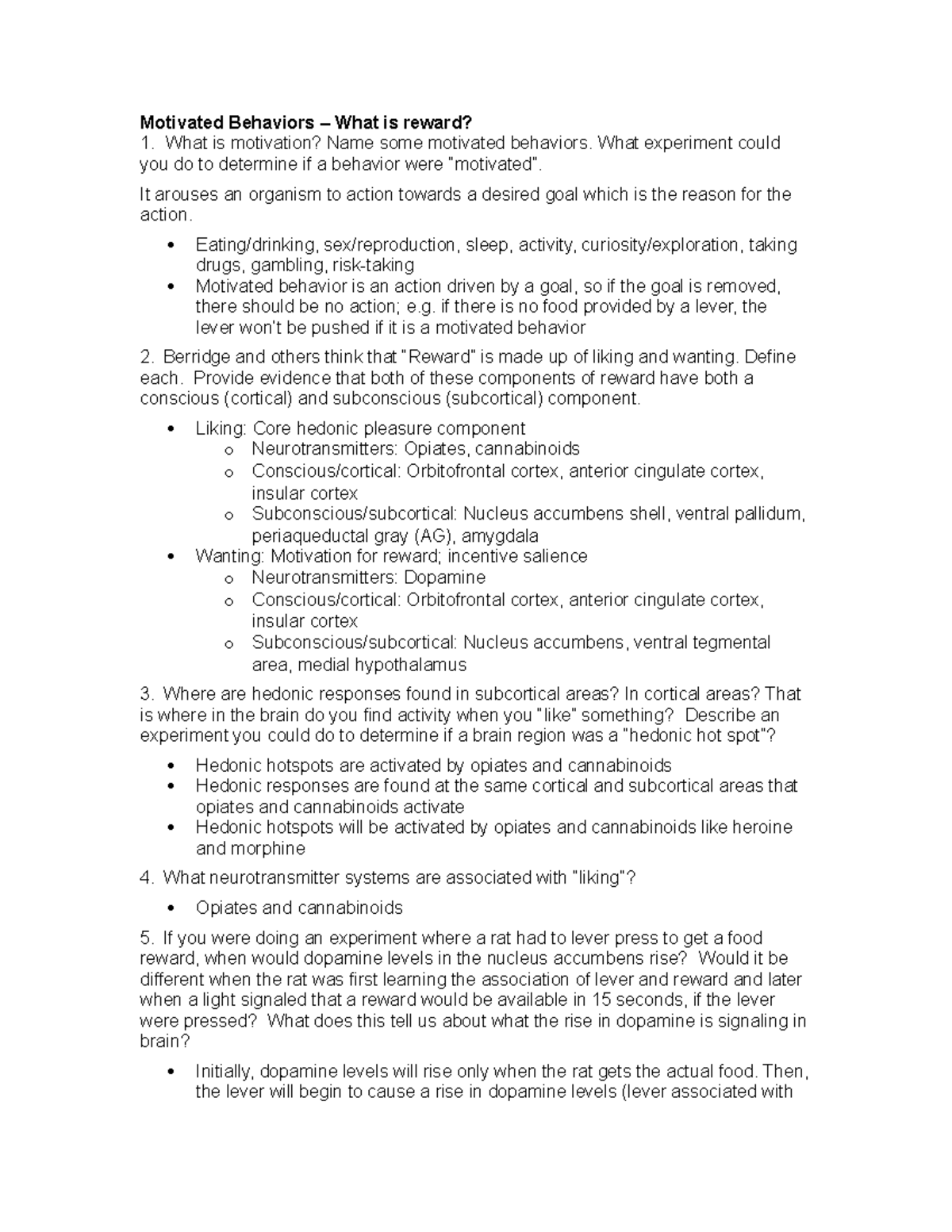Neuro 101 Rewards Notes - Motivated Behaviors – What is reward? 1. What ...