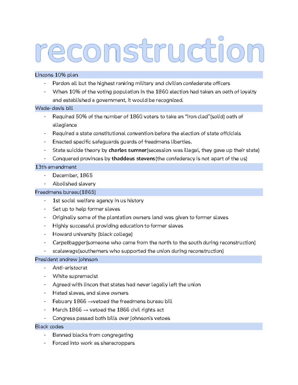 Reconstrcution - notes on the reconstruction period of american history ...
