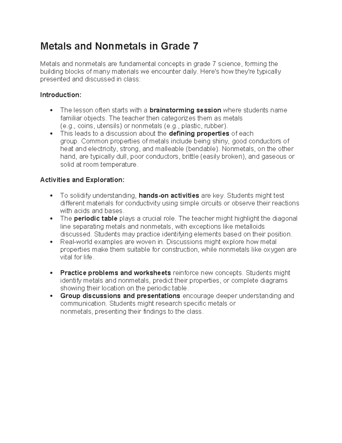 Metals and Nonmetals in Grade 7 - Here's how they're typically ...