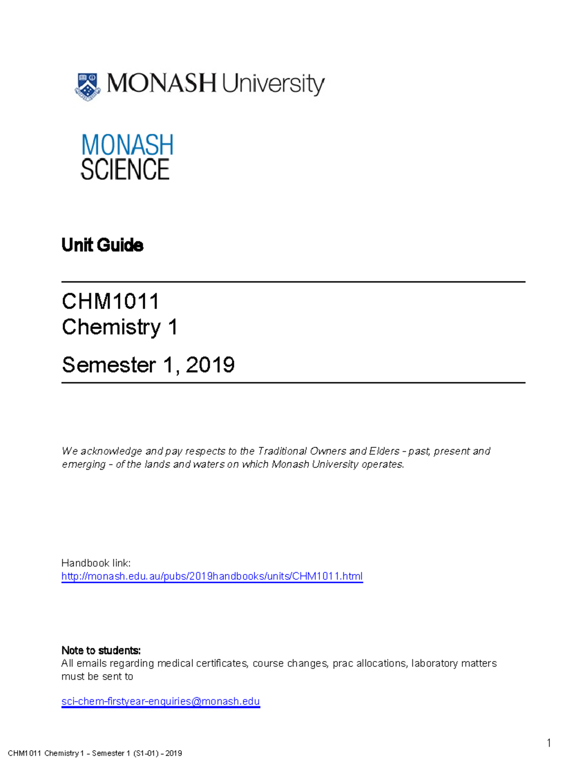 CHM1011 Semester 1(S1-01) 2019 - Unit Guide CHM1011 Chemistry 1 Semester 1, 2019 We - Studocu