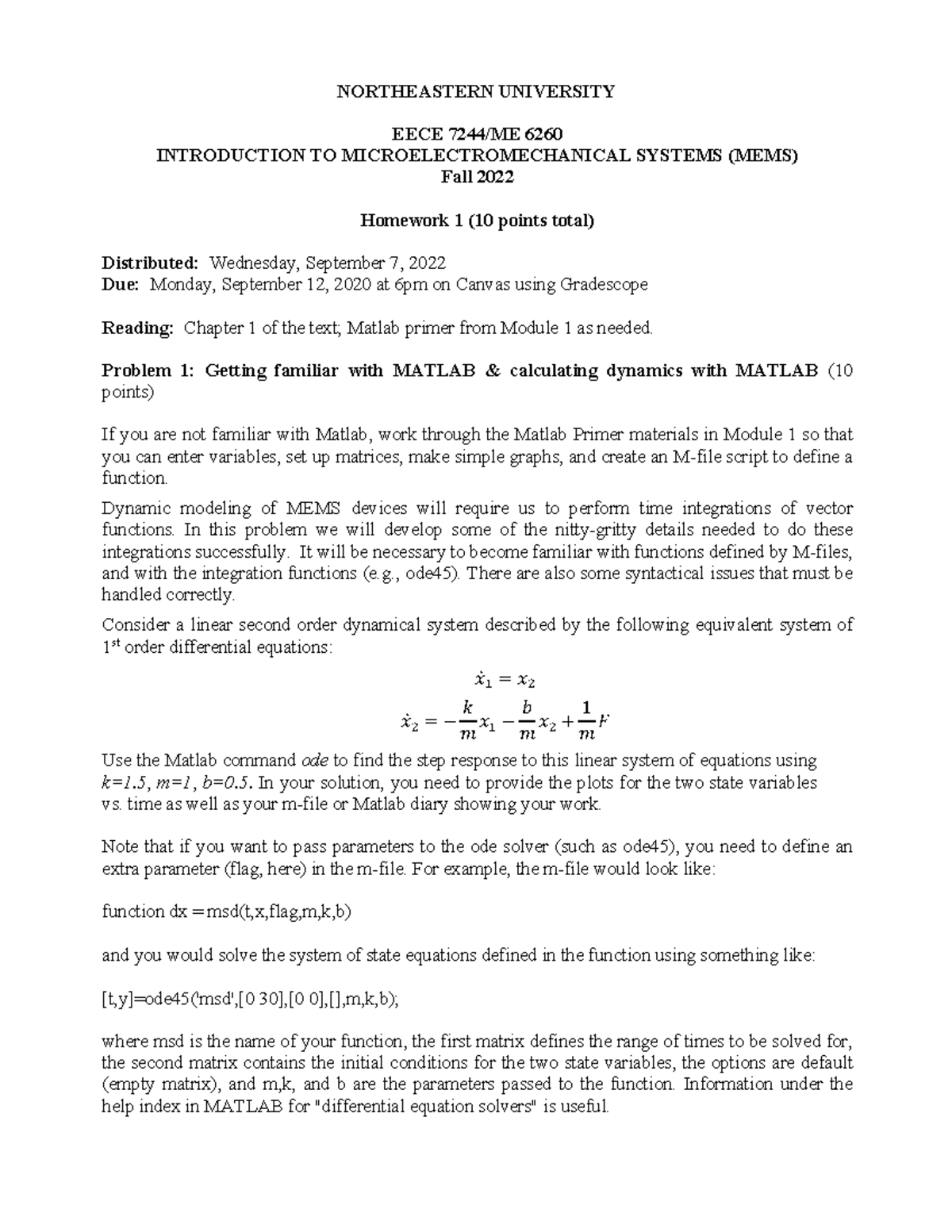 HW1 F22 v1-1 - NORTHEASTERN UNIVERSITY EECE 7244/ME 6260 INTRODUCTION TO MICROELECTROMECHANICAL ...