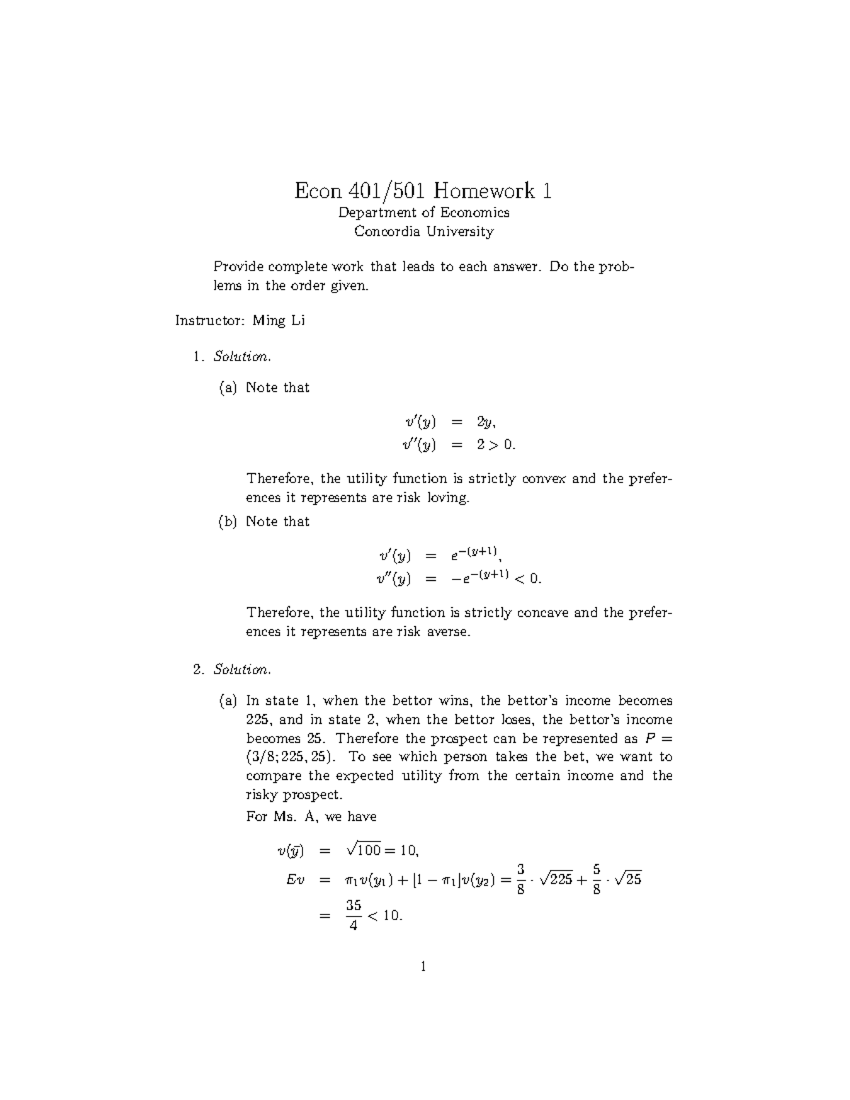 501ans1 - Econ 401/501 Homework 1 Department of Economics Concordia ...