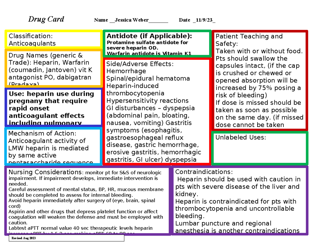Anticoagulants - Drug Card Name Jessica Weber_____ Date 11/9/23 Patient ...