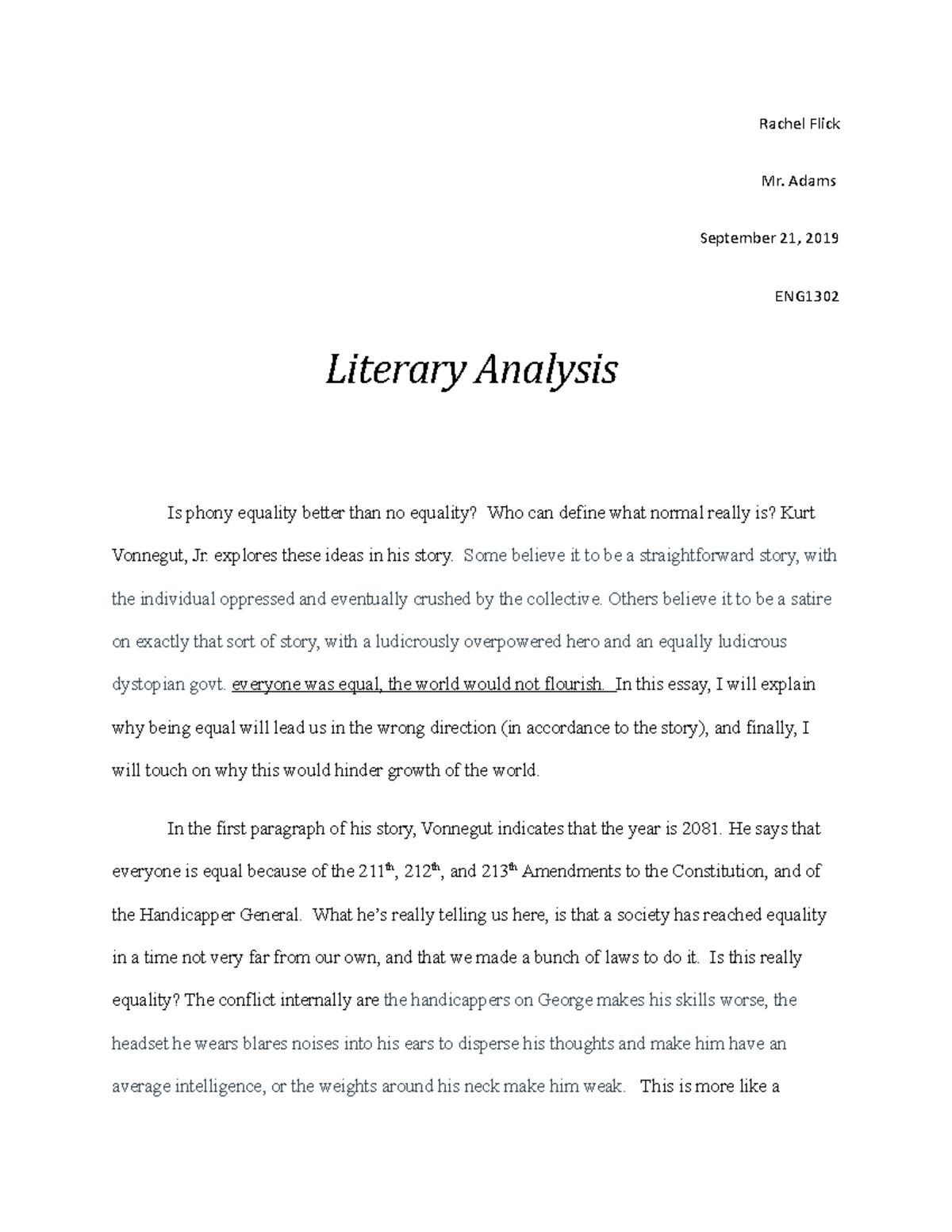 A Literary Analysis of Harrison Bergeron - Rachel Flick Mr. Adams ...