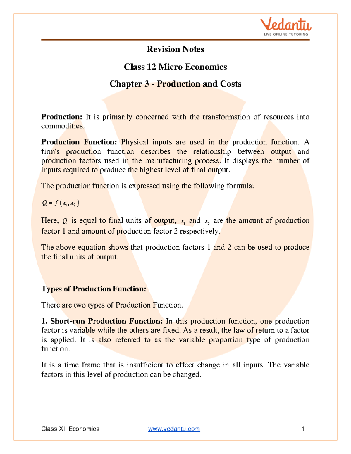 Production and Costs Class 12 Notes CBSE Micro Economics Chapter 3 (PDF ...
