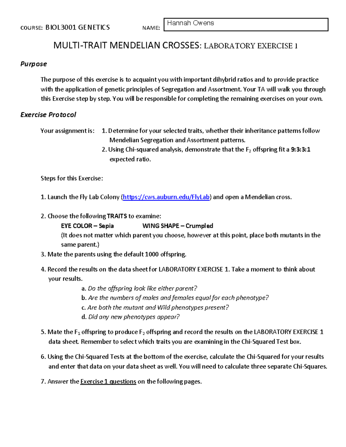 Mendelian Genetics - Exercise 1 - COURSE: BIOL 3001 GENETICS NAME ...