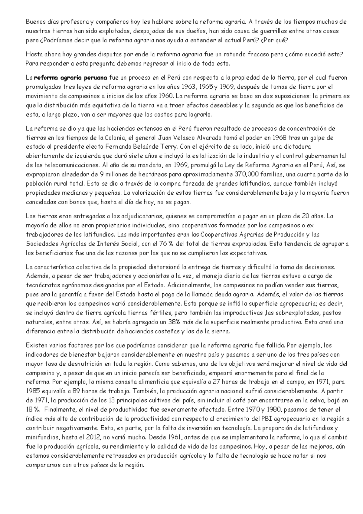 La reforma agraria - ASASDASD - Buenos días profesora y compañeros hoy ...