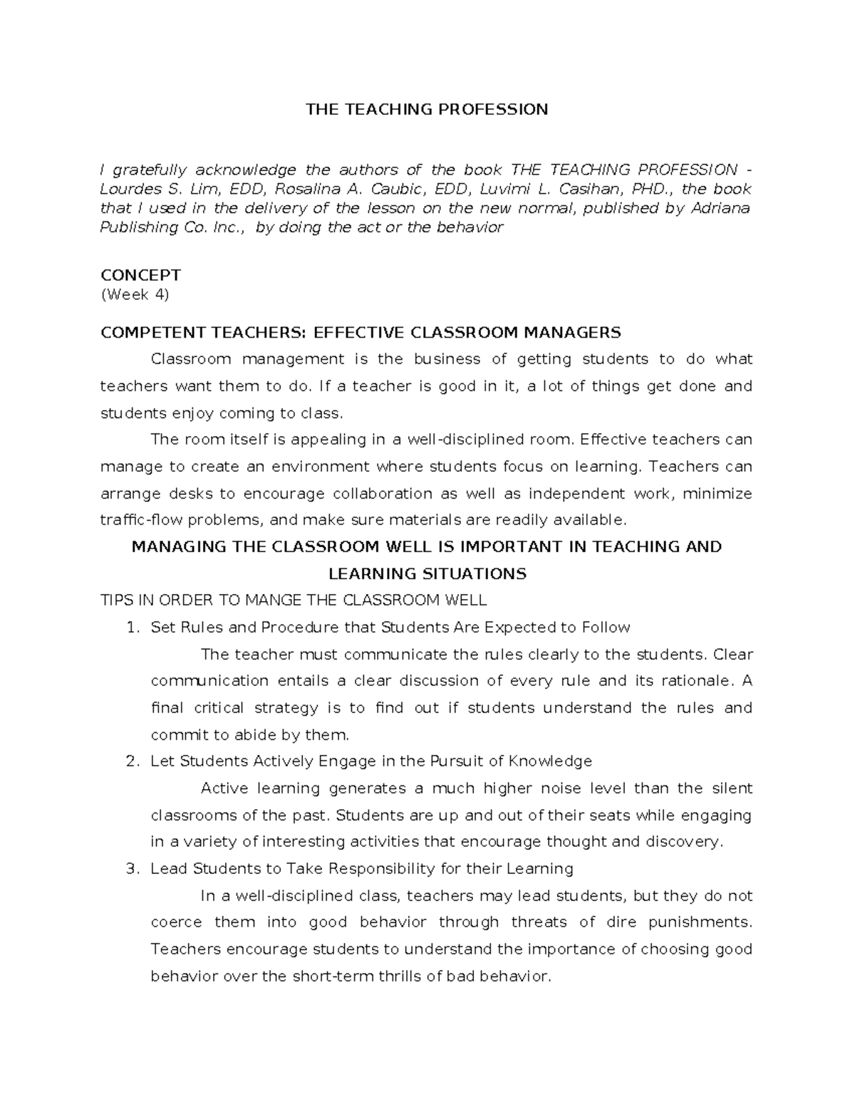 Notes 4 THE Teaching Professionlim - THE TEACHING PROFESSION I ...