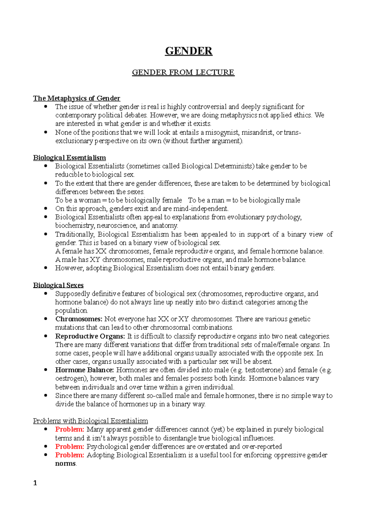 Gender - GENDER GENDER FROM LECTURE The Metaphysics of Gender The issue ...