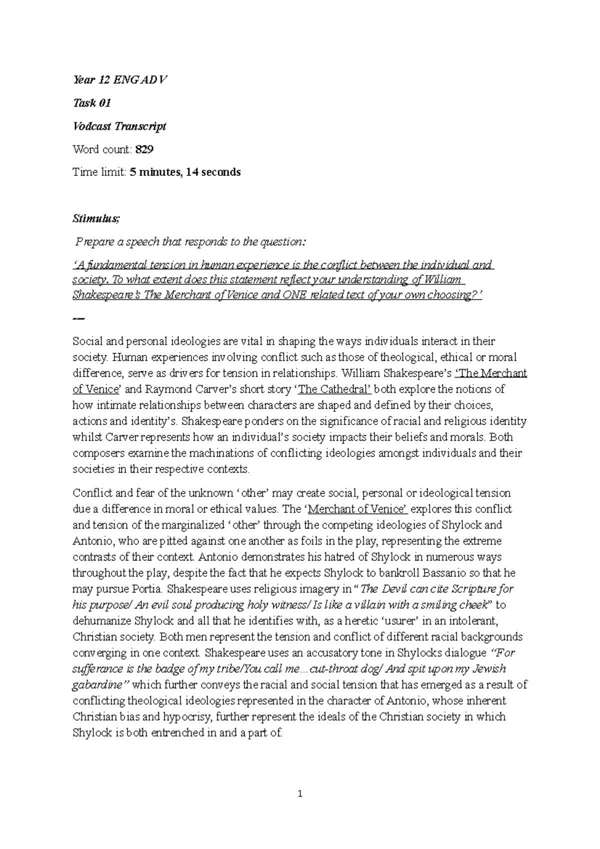 Vodcast Sample A Merchant Transcript - Year 12 ENG ADV Task 01 Vodcast ...