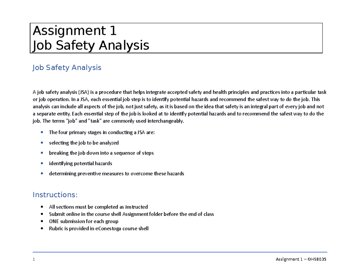 OHS8035 Assignment 1 -Job Safety Analysis F23 - Copy - OHS8035 ...