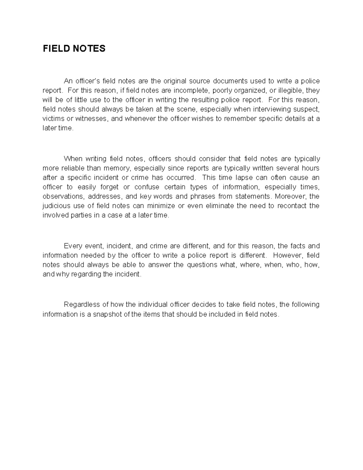 Week 2 - CDI 5 TE - Weekly Lecture - FIELD NOTES An officer’s field ...