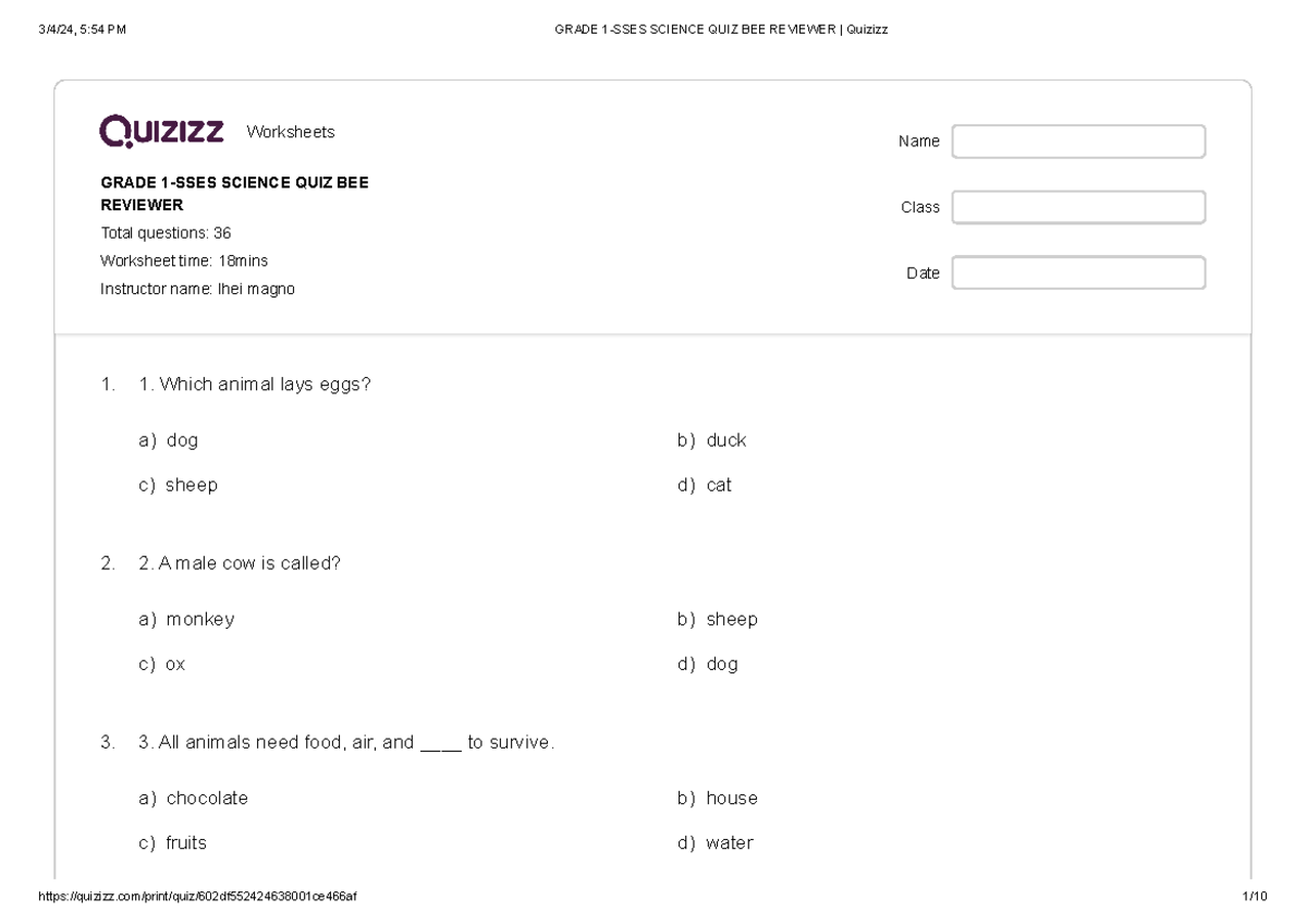 Grade 1-SSES Science QUIZ BEE Reviewer Quizizz - Worksheets GRADE 1 ...