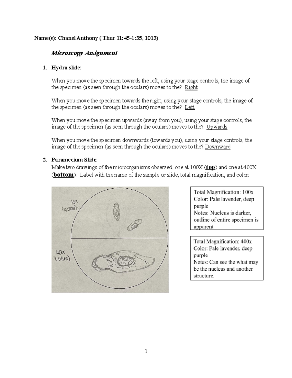 Microscopy Assignment IP-1 - Name(s): Chanel Anthony ( Thur 11:45-1:35, 1013) Microscopy ...