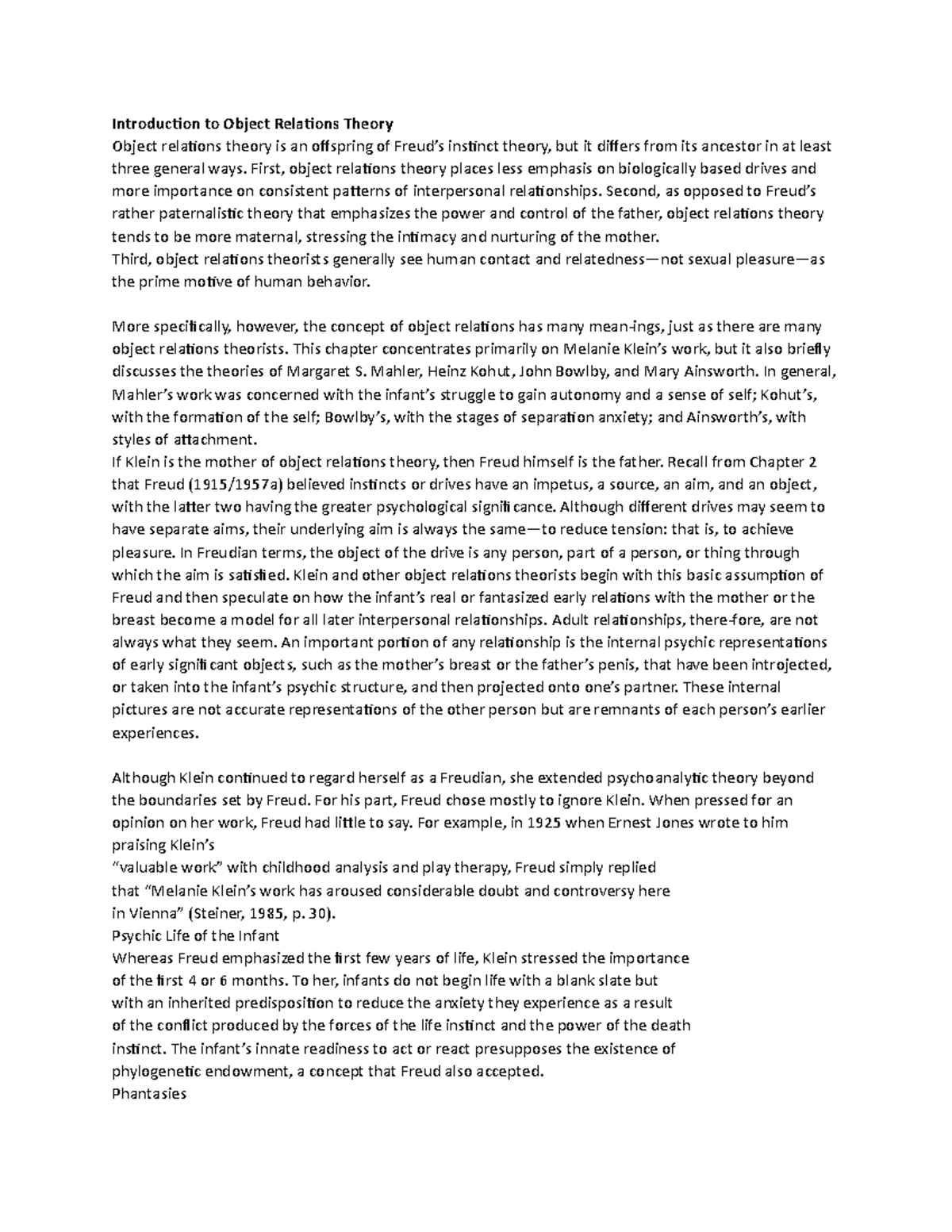 Introduction To Object Relations Theory First Object Relations