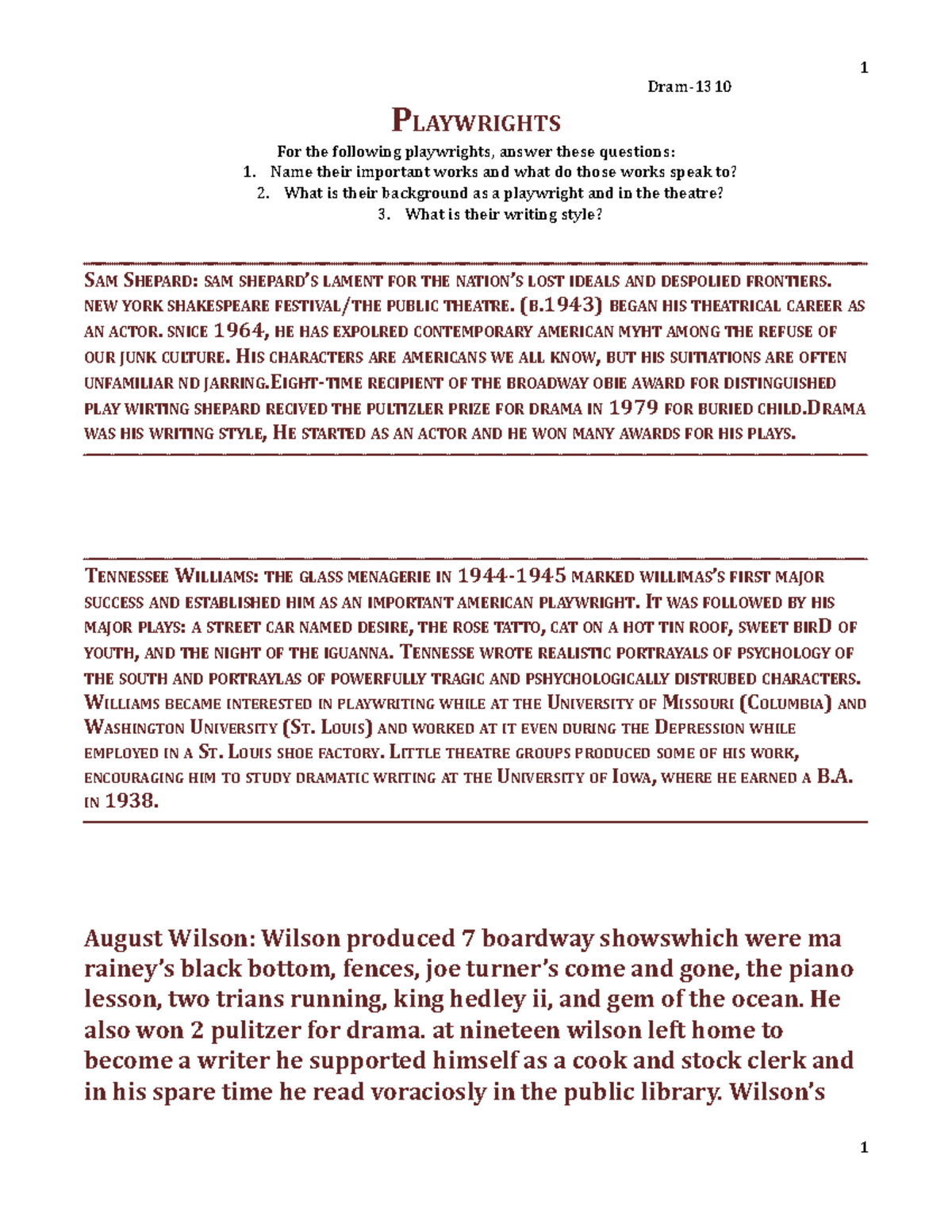 Unit #3 Playwright Worksheet(1) - PLAYWRIGHTS Dram-1310 1 Name their ...