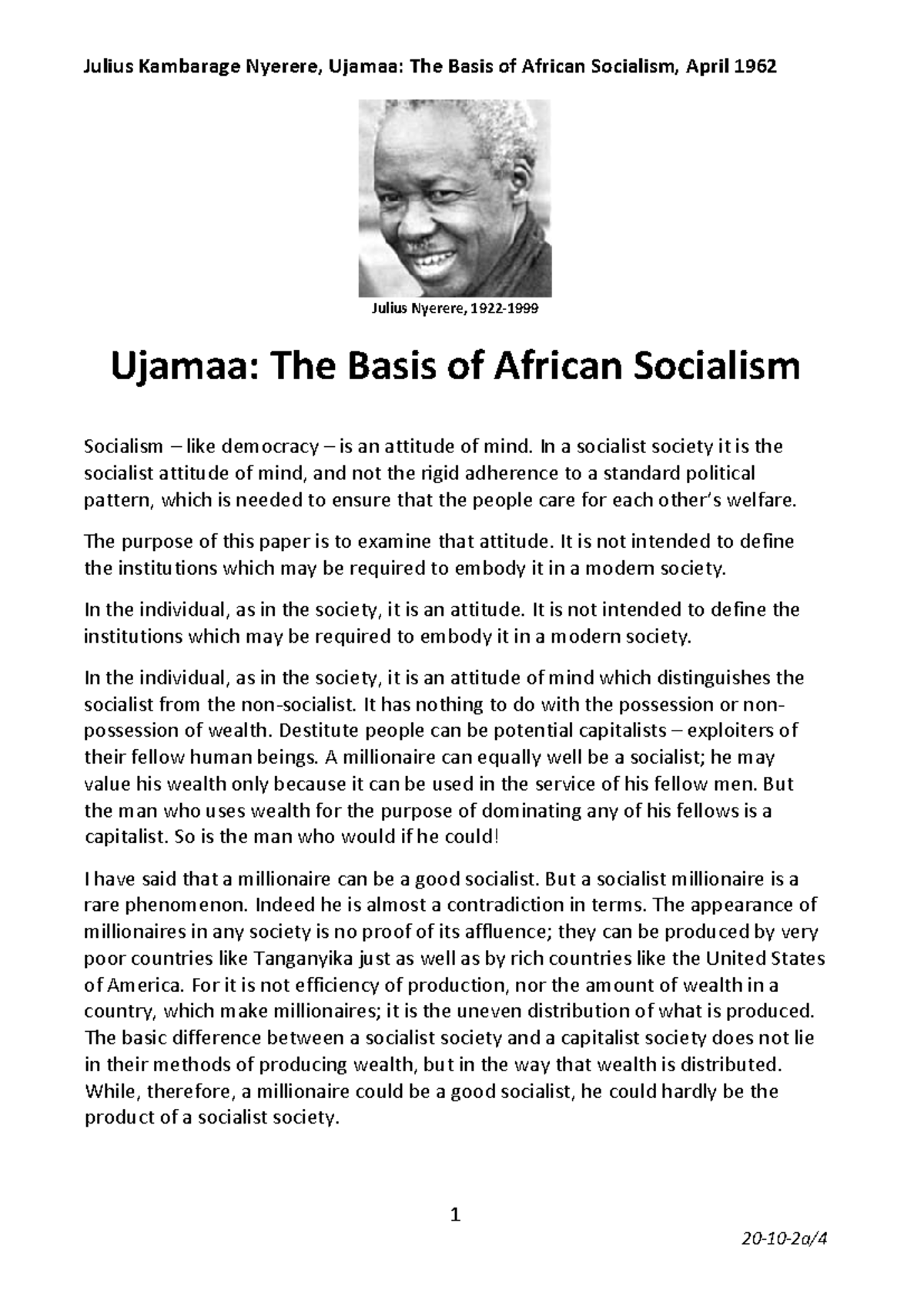 Nyerere Ujamaa The Basis of African Socialism 1962 - In a socialist ...