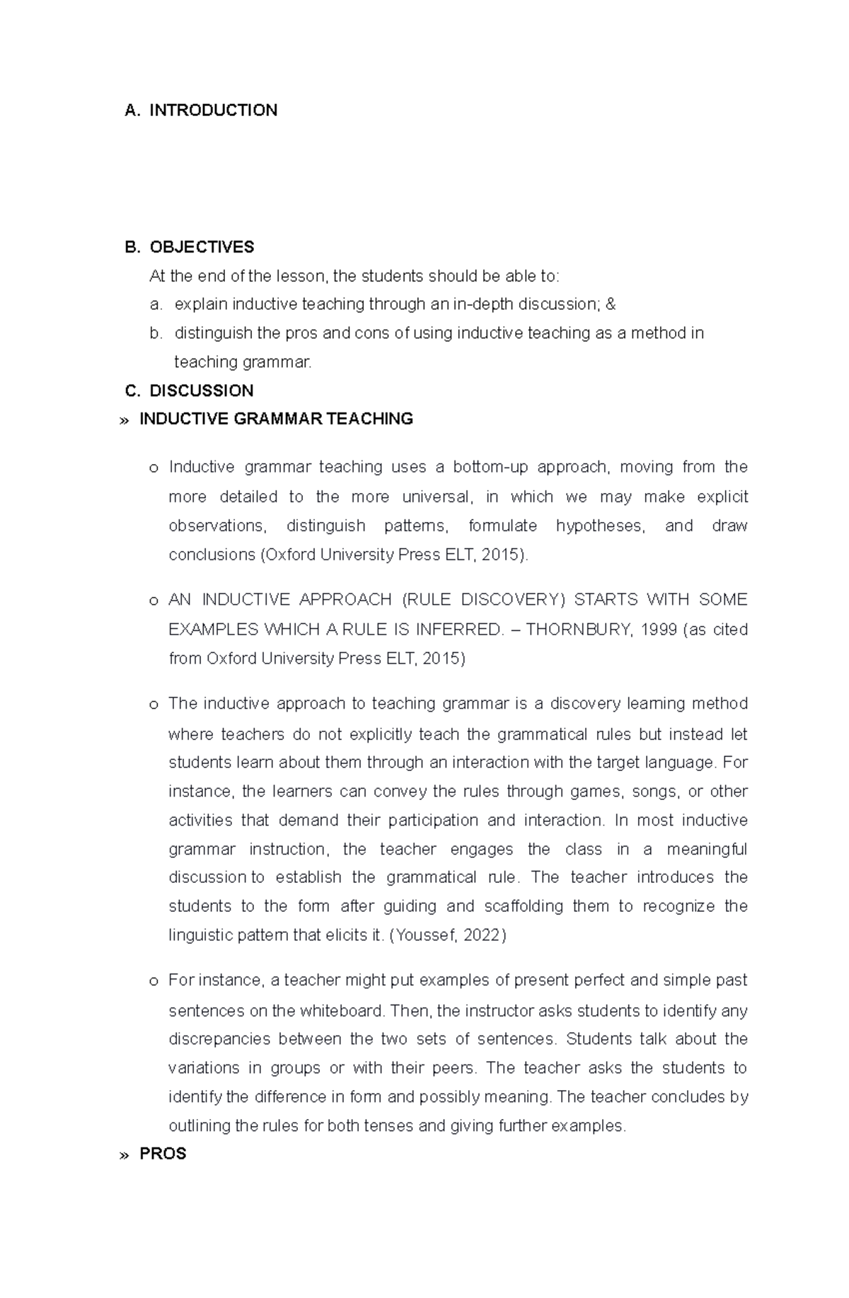 Inductive Approach - A. INTRODUCTION B. OBJECTIVES At the end of the ...