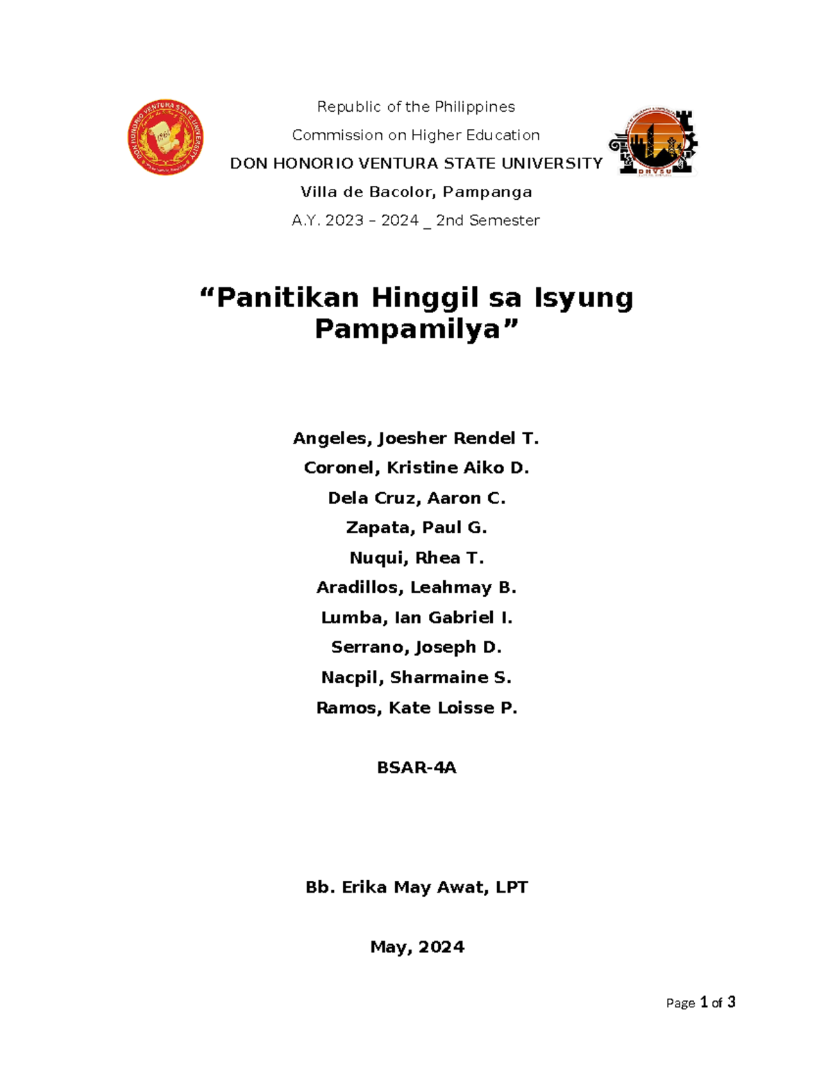 Group 4-BSAR 4A Sos Lit - Republic of the Philippines Commission on Higher Education DON HONORIO ...