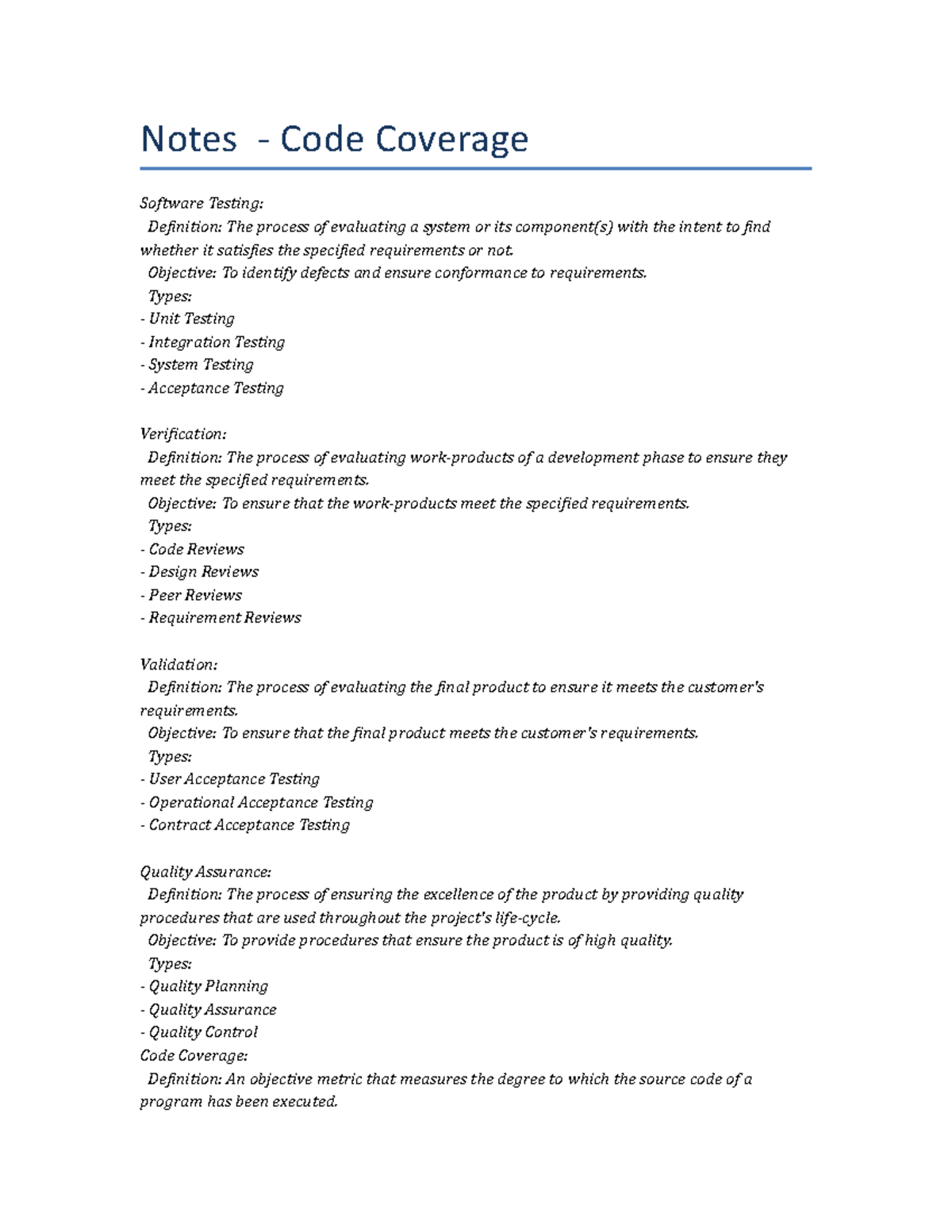 Lecture Notes Code Coverage Notes Code Coverage Software Testing Definition The Process