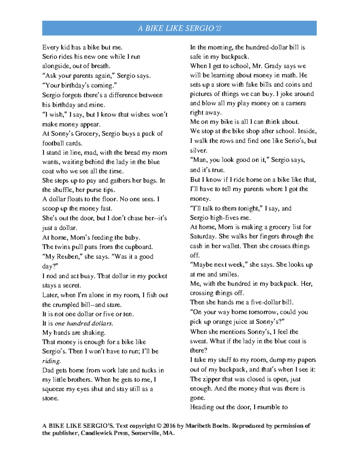 A Bike Like Sergios - Worksheets - A BIKE LIKE SERGIO'S. Text copyright ...