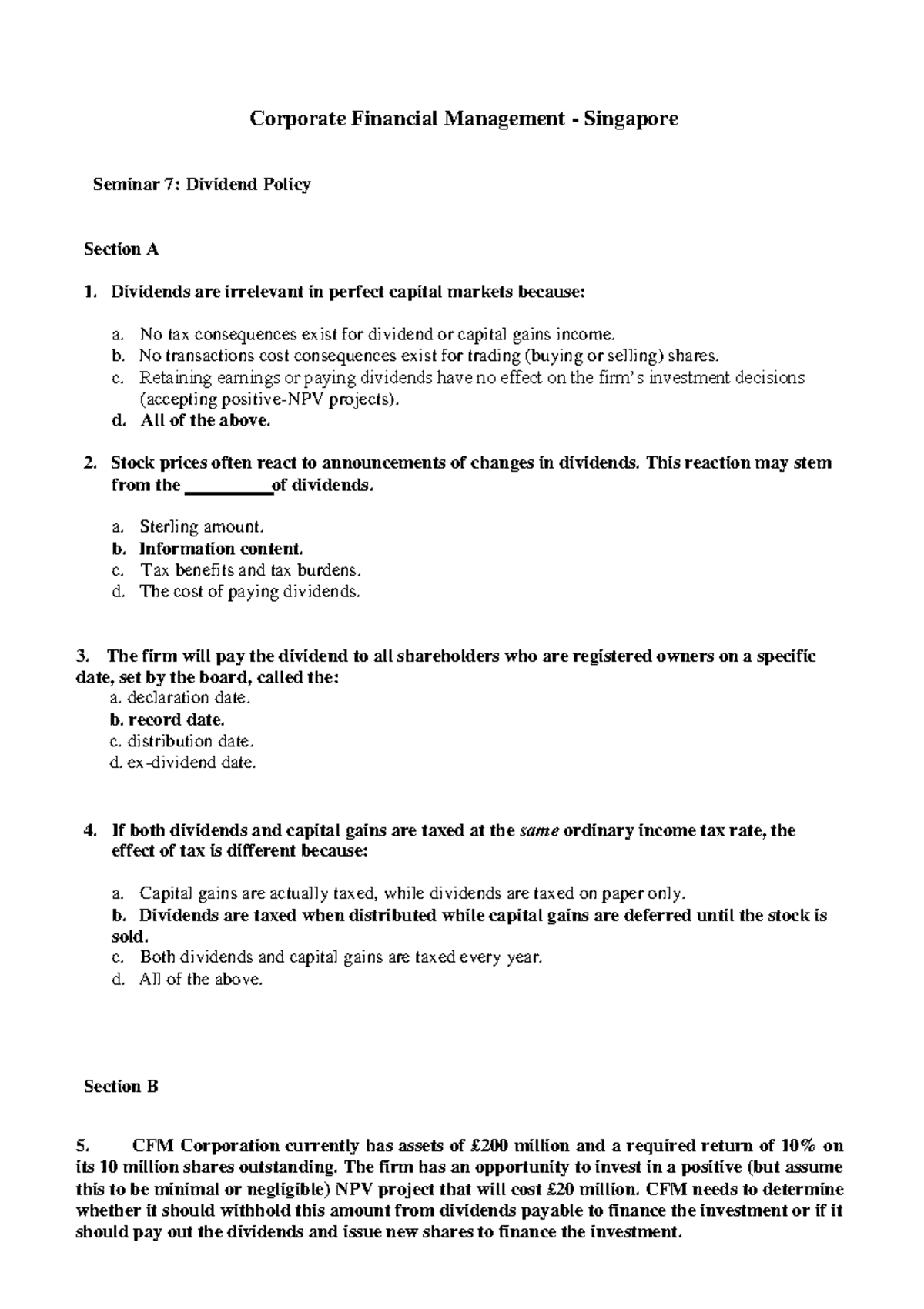 CFM Seminar 7 Indicative Answers 19-20 - Corporate Financial Management ...