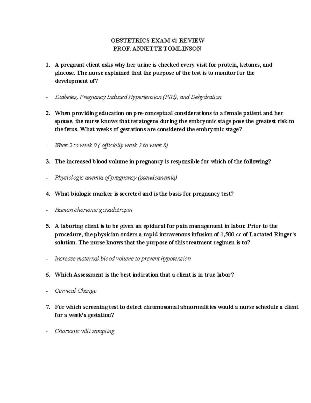 Obstetrics EXAM #1 Review - OBSTETRICS EXAM #1 REVIEW PROF. ANNETTE ...