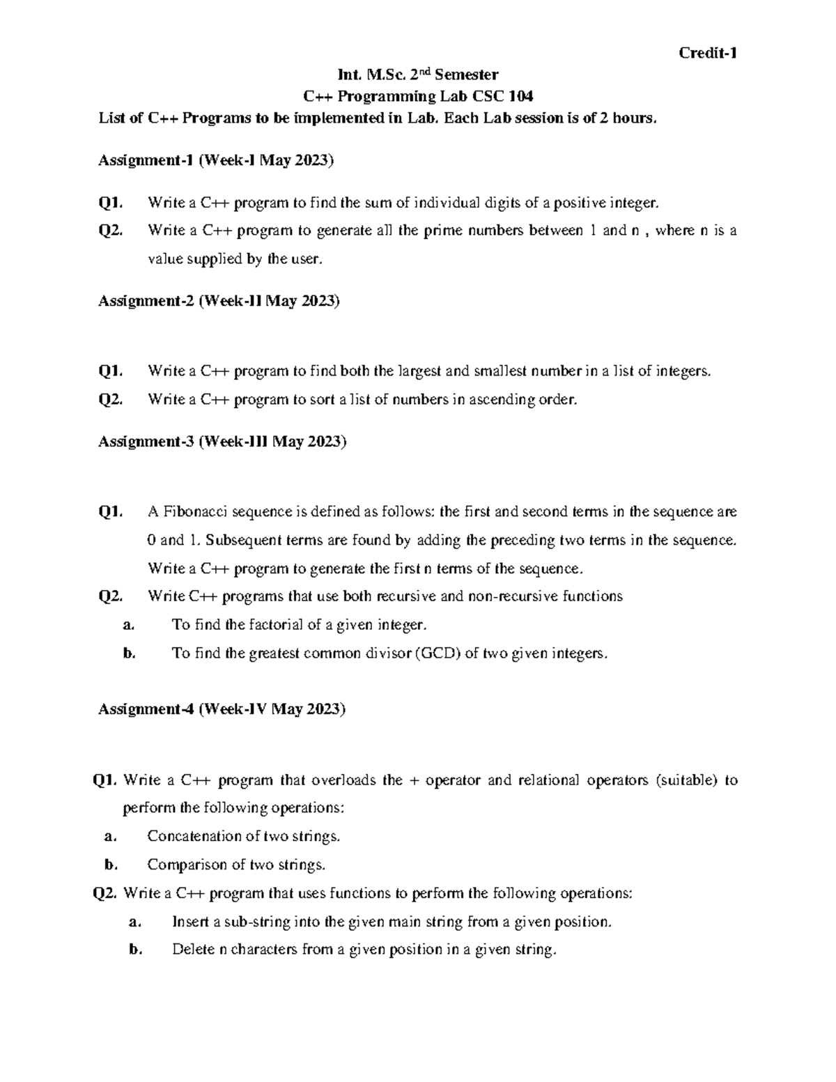 List of C++ Programs to be implemented in Lab - Int. M. 2 nd Semester ...