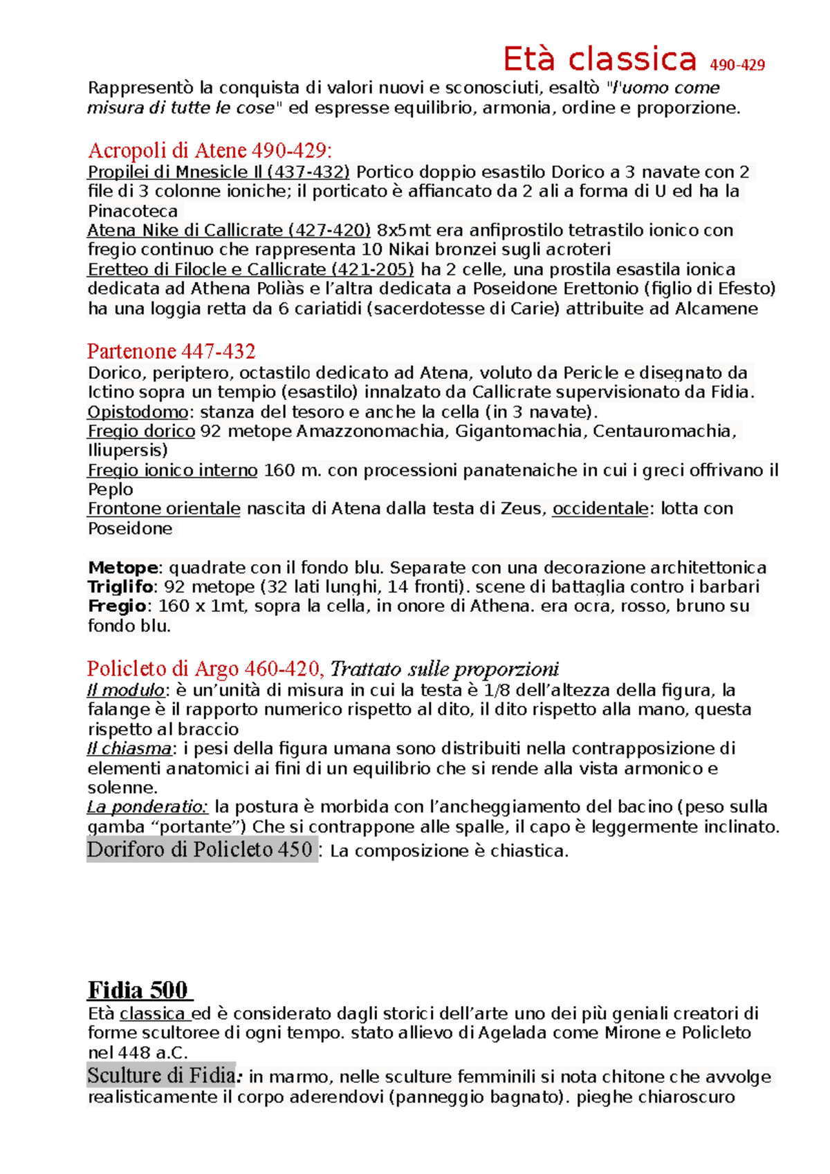 Età Classica - Appunti presi in classe - Età classica 490- Rappresentò ...