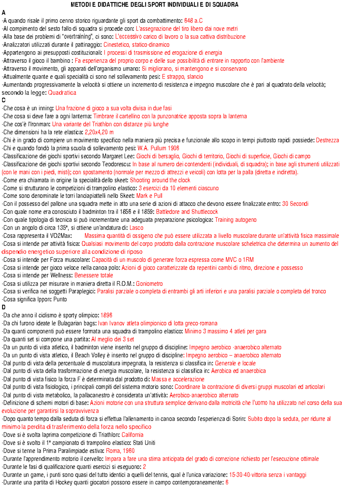 Domande e extra Metodi e didattiche degli sport individuali e di ...