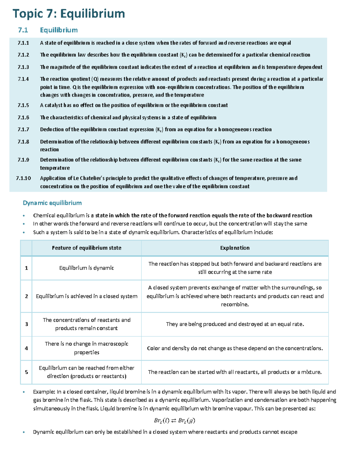 Topic 7 - notes - Topic 7: Equilibrium 7 Equilibrium 7.1 A state of ...