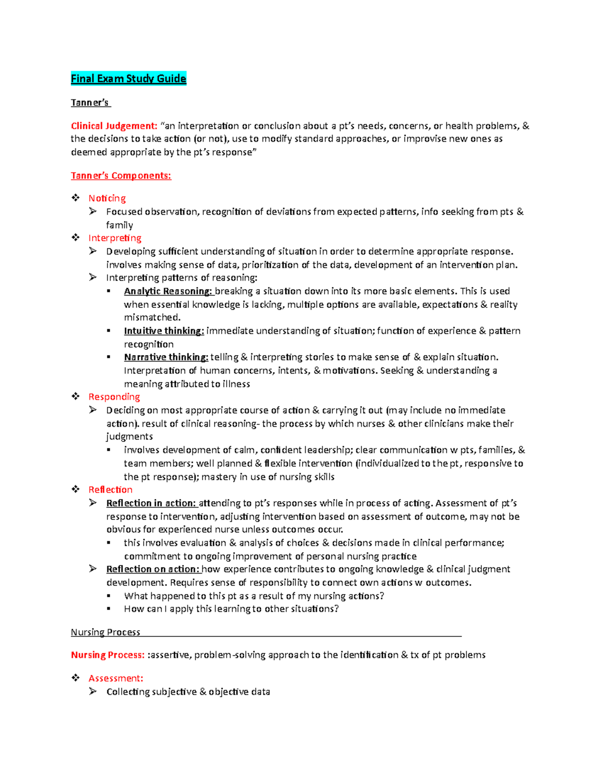 SI Final SG- 330 MED SURG - Final Exam Study Guide Tanner’s Clinical ...