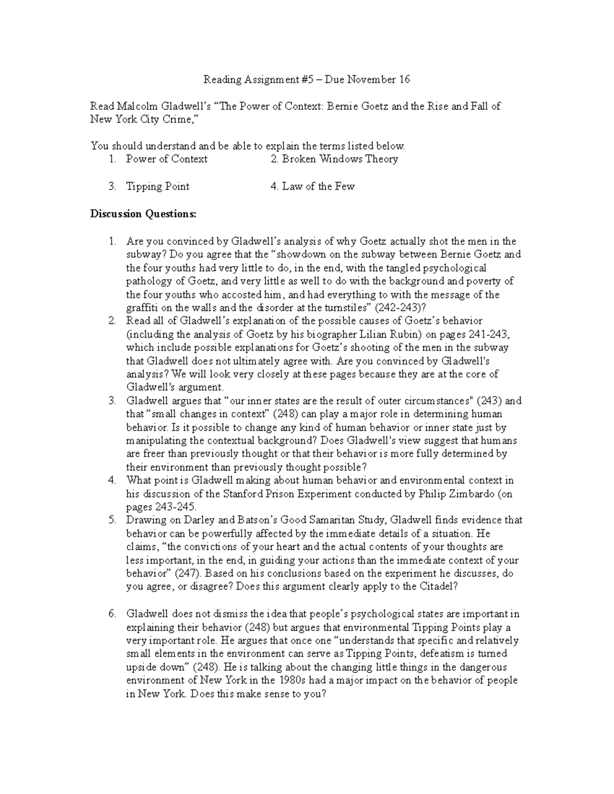 Gladwell questions Fall 2021 - Reading Assignment #5 – Due November 16 ...