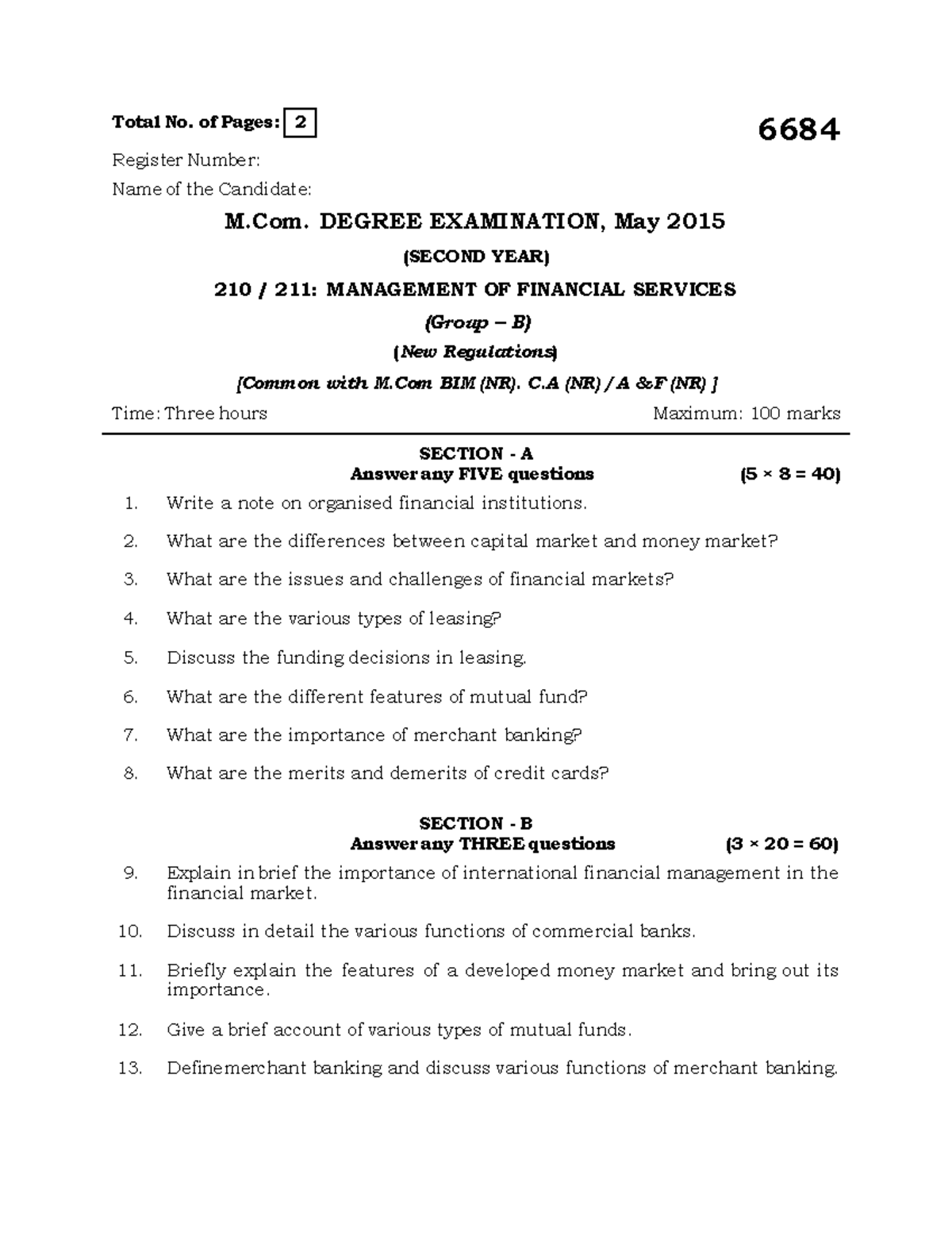 6684 - M - previous question paper of management of financial service ...