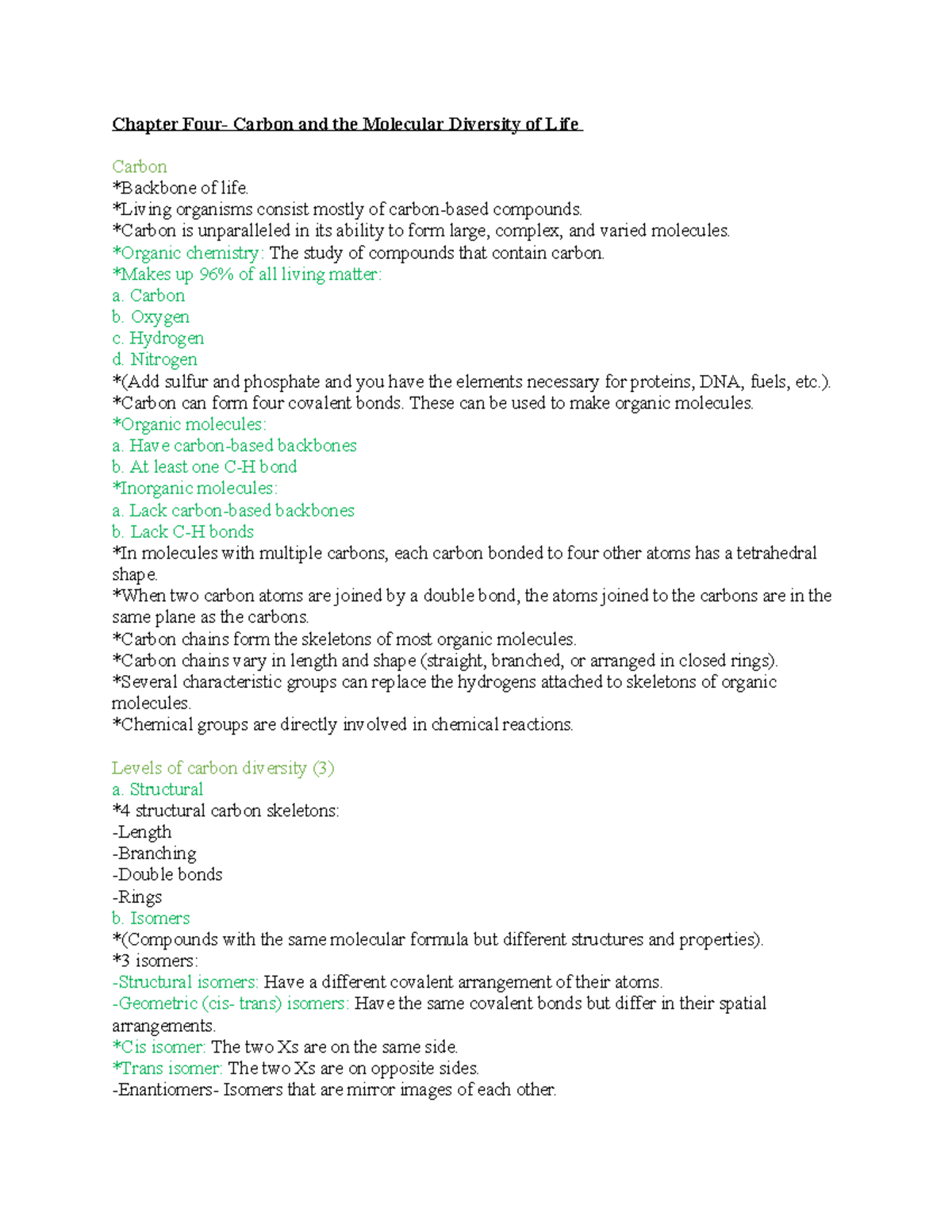 Biology Notes (Exam II) - Chapter Four- Carbon and the Molecular ...