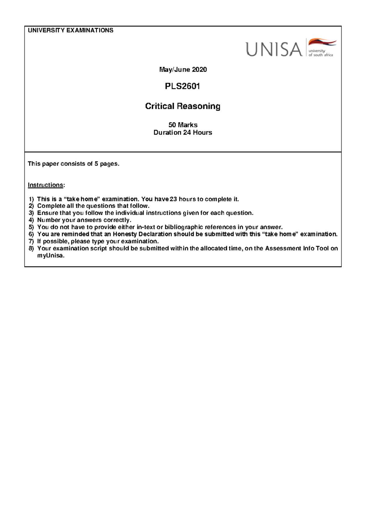 PLS2601-2020-S1 take home examination - final - UNIVERSITY EXAMINATIONS ...