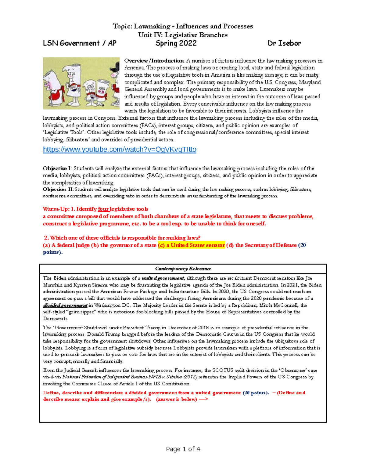 2022 Spring Lawmaking Influences Processes Legislative Tools - Unit IV ...