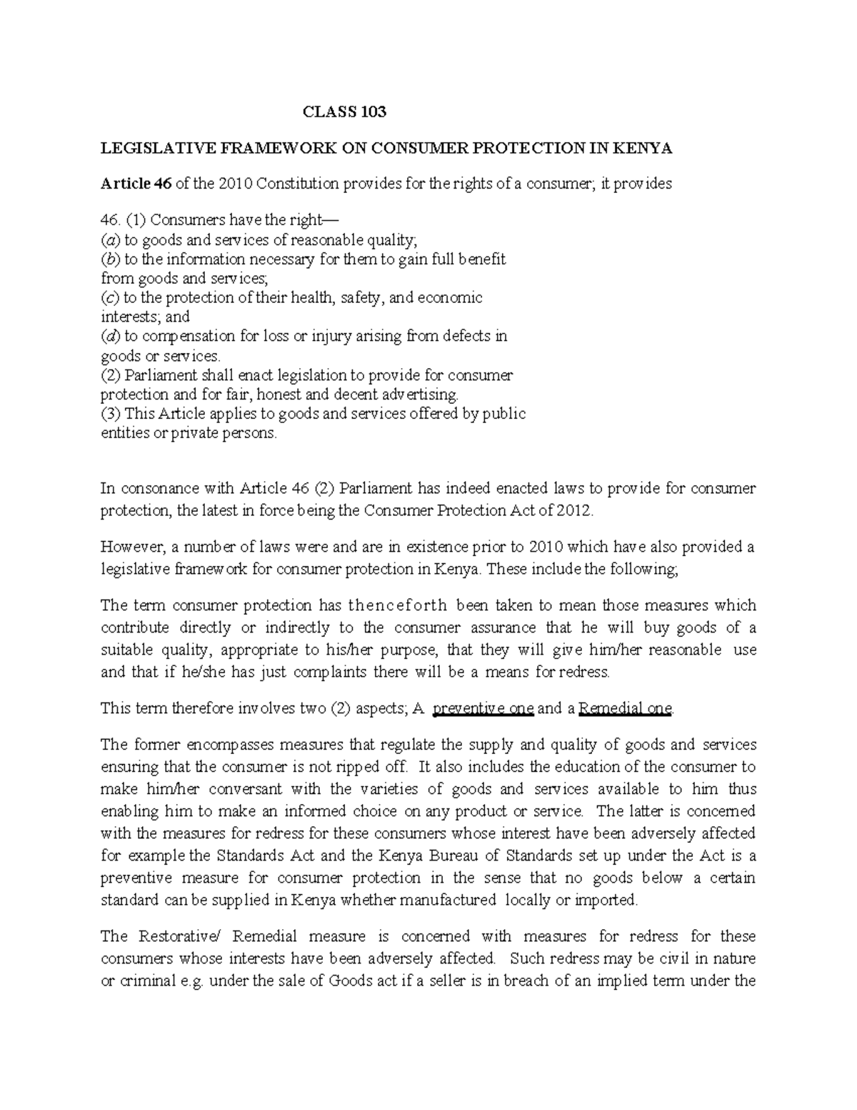 Consumer Class 103 - CLASS 103 LEGISLATIVE FRAMEWORK ON CONSUMER ...